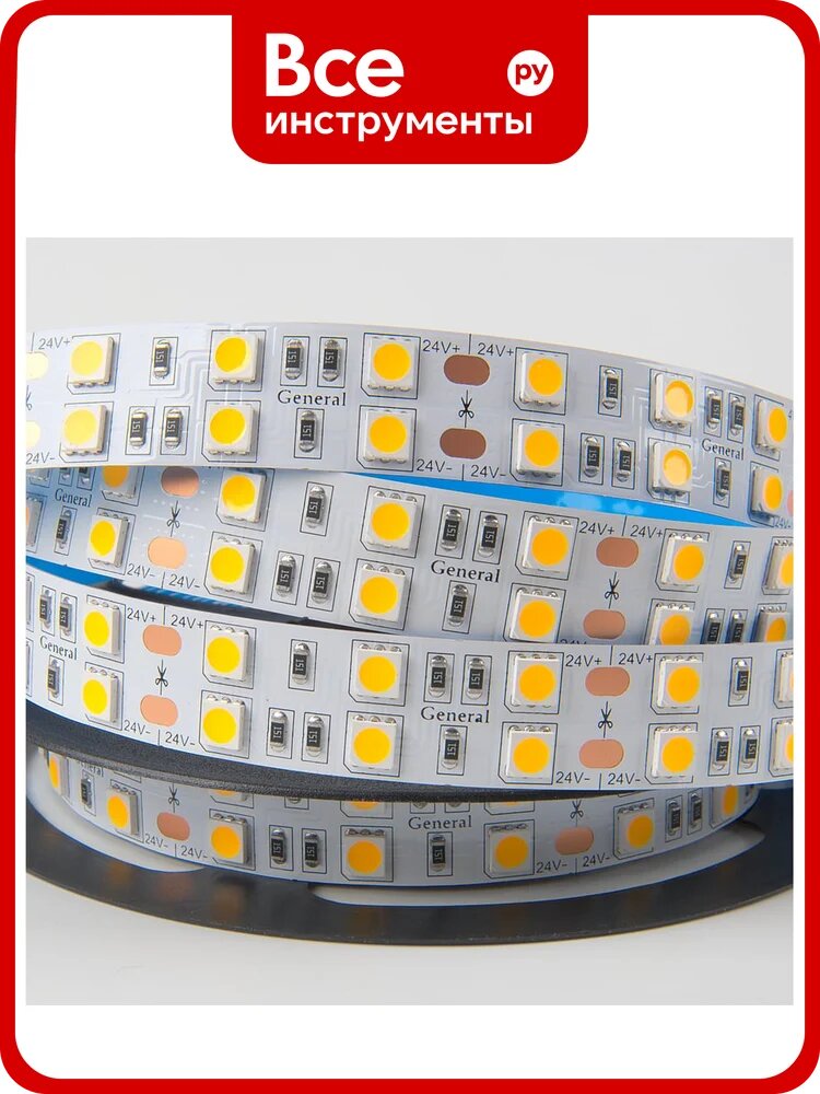Лента светодиодная General Lighting Systems Premium GLS-5050-120-28.8-24-IP20-PRM-3, 5 метров, 28,8Вт/м, 24В, 10мм, 120 диодов/м, 22 Лм/чип, 3000К - теплый белый 502443