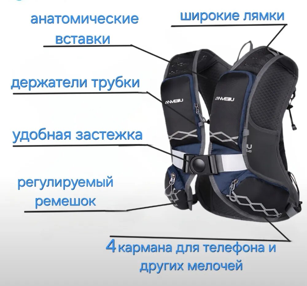 Рюкзак-гидратор 5 л с гидропаком 2 л, черный, женский, анатомические лямки — фото 1