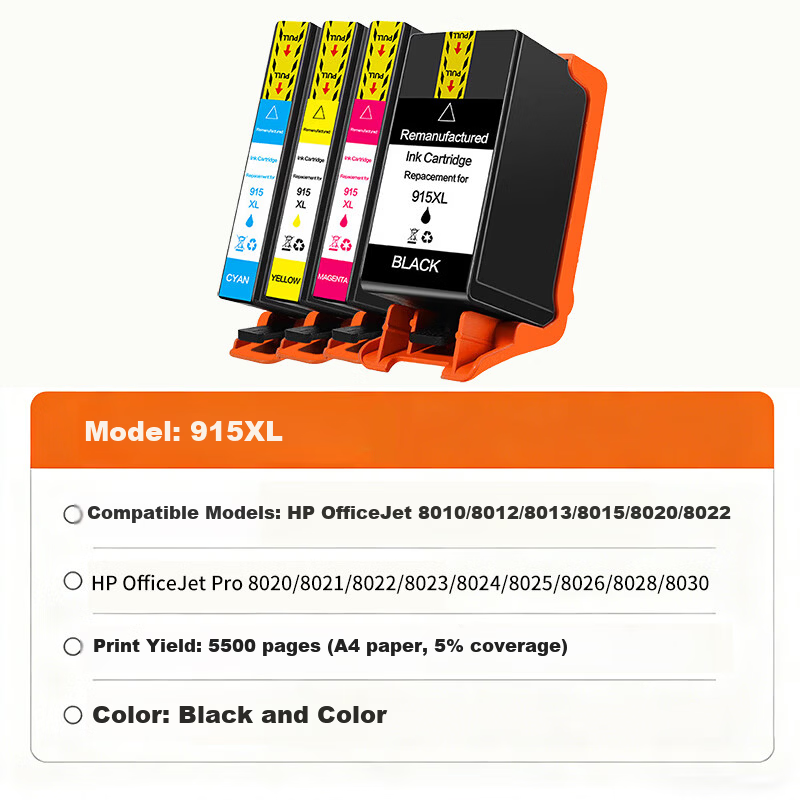 E-Dai 915XL 4-цветная картридж-комплект для принтеров HP 8020 8010 8018 8025 8028 Оригинальная замена высокой емкости