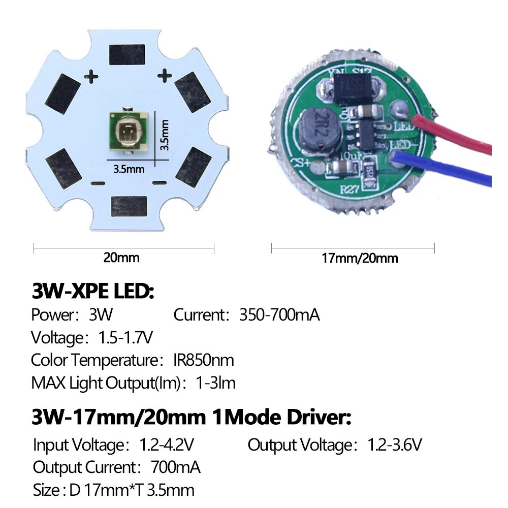 OTCRREE светодиодные чипы 3W XPE для фонарика 660/730/850/940 20mm- IR850nm LED, 20mm 1mode Driver