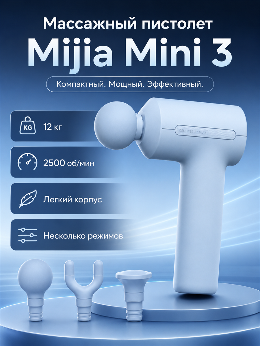 Перкуссионный массажер Xiaomi Mijia Smart Mini Fascia Gun, синий , 3 режима, 2500 об/мин