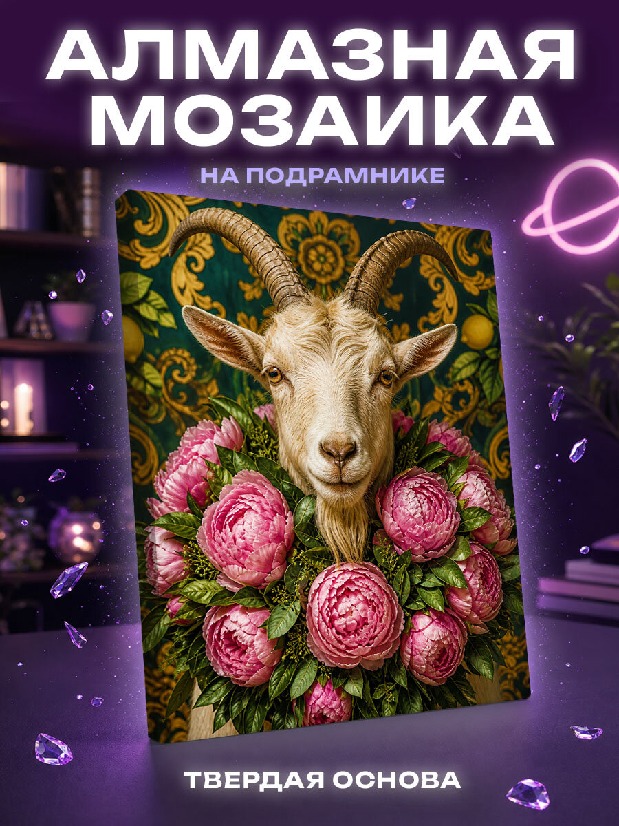 Алмазная мозаика Коза в пионовом жабо