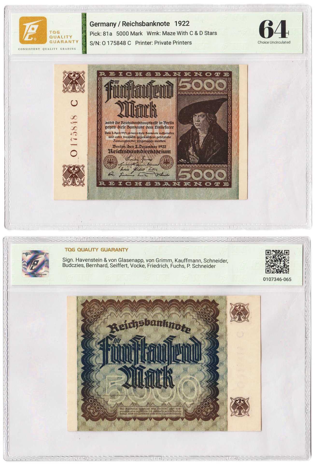Германия 5000 марок 1922 в слабе TQG UNC 64