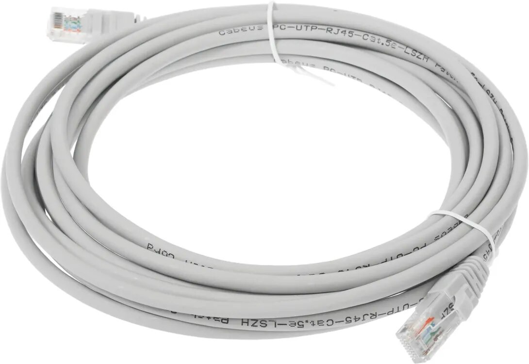 Патч-корд CABEUS вилка RJ-45, вилка RJ-45, кат.5E, LSZH, 5м, серый
