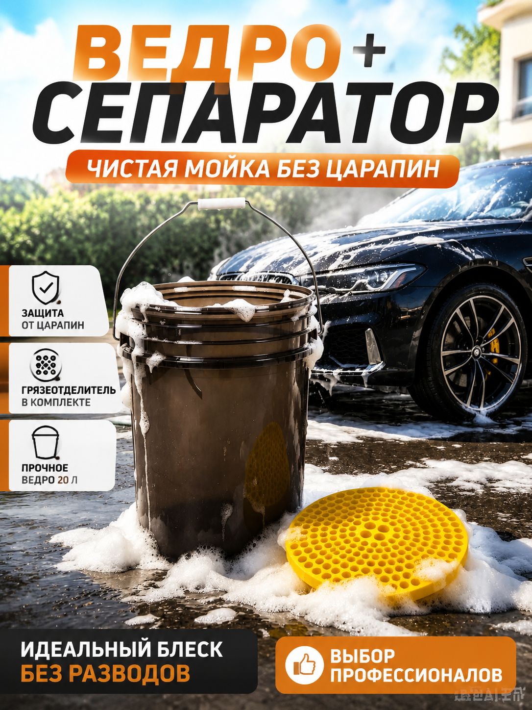 Черное ведро для мойки авто с пескоотделителем из ABS-пластика