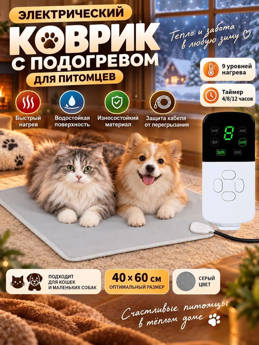 Электрическая грелка для животных 40x60 см, 5 уровней нагрева, водонепроницаемая