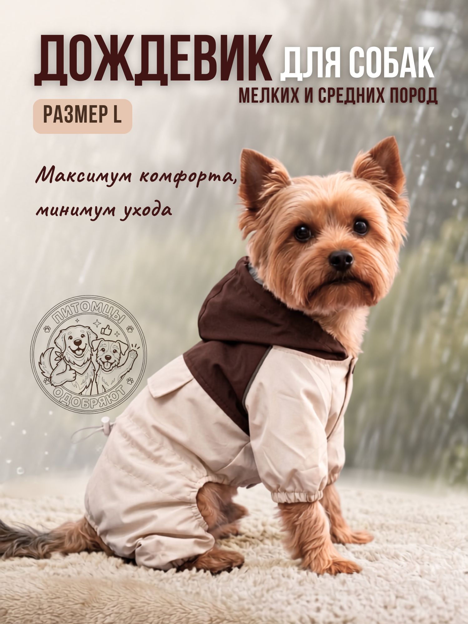 Куртка-дождевик для собак водонепроницаемый, Дождевик для домашних животных с четырьмя ножками, цвет хаки, L