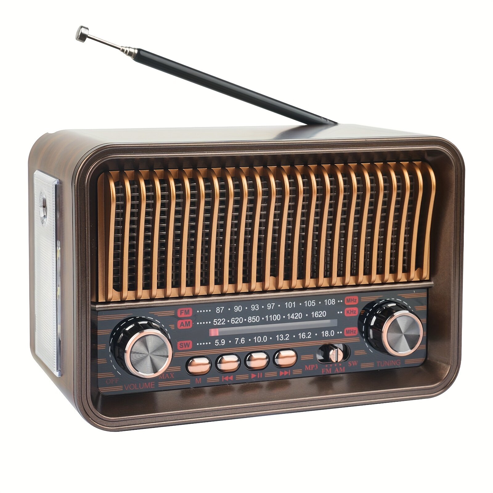 Портативное радио AM/FM в винтажном стиле со встроенным динамиком, светодиодным фонариком, поддержкой карт TF, USB-накопителей и разъема AUX, цвет коричневый