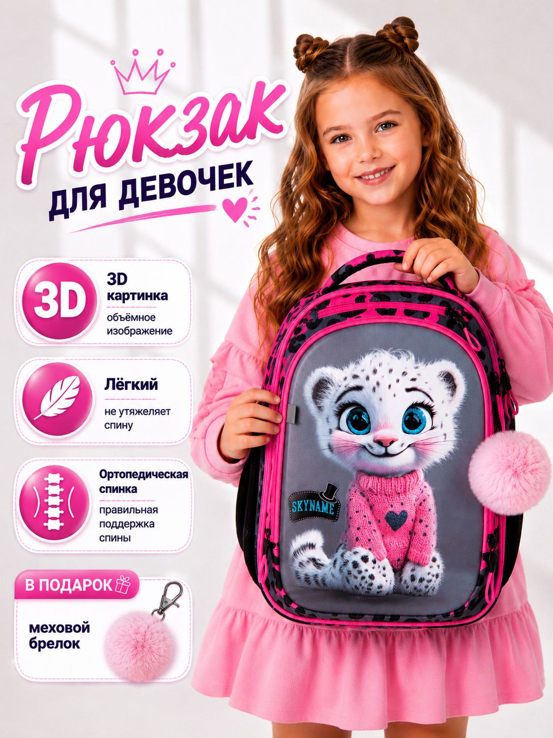 Рюкзак школьный для девочки первоклассника + брелок, SkyName (СкайНейм)