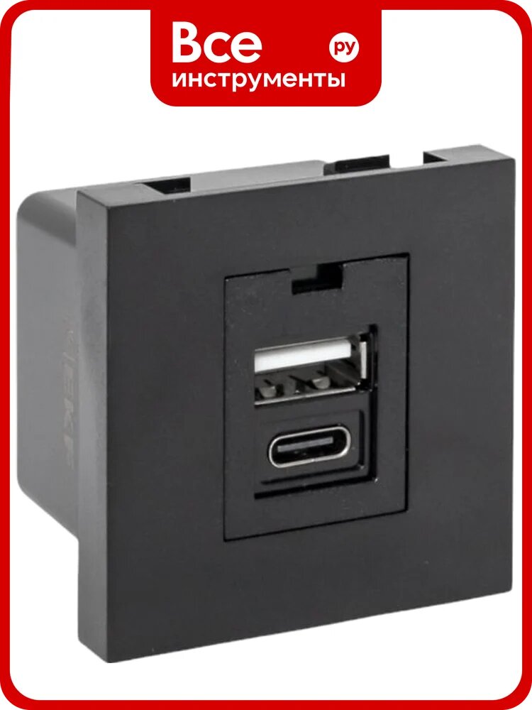 Розетка EKF USB A+C, 2.1А, 2 гнезда, без индикатора, черная, матовая E2MR2B-21USB-10-AC