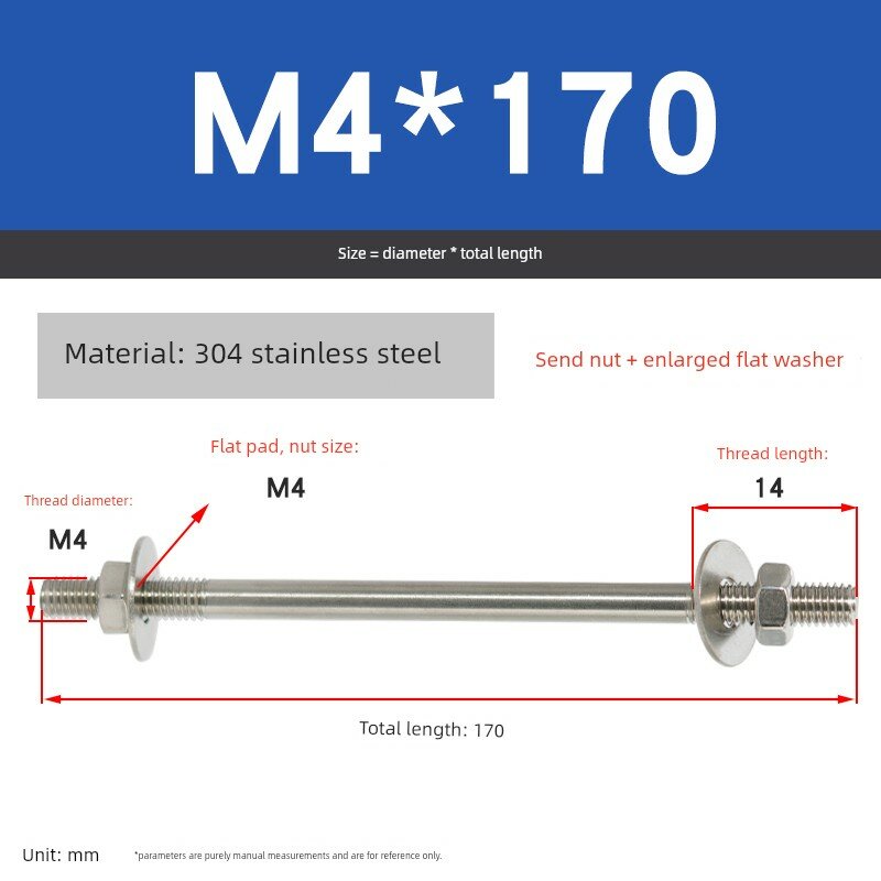 M4 x 170 мм набор гаек и болтов из нержавеющей стали 304 с двойным концом, 5 шт