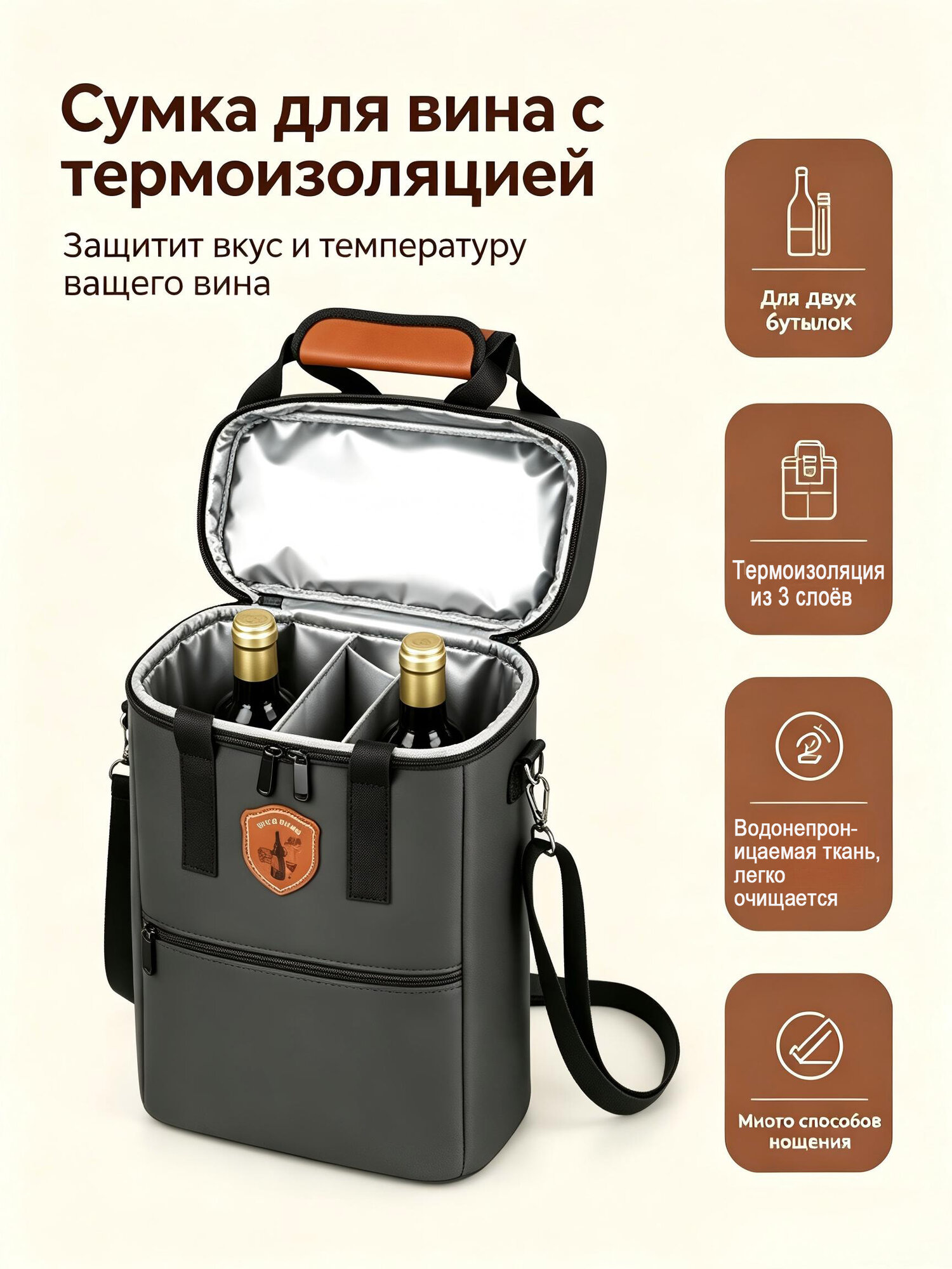Сумка для вина термоизоляционная на 2 бутылки, сумка‑холодильник для вина, портативная, для пикника, с плечевым ремнем