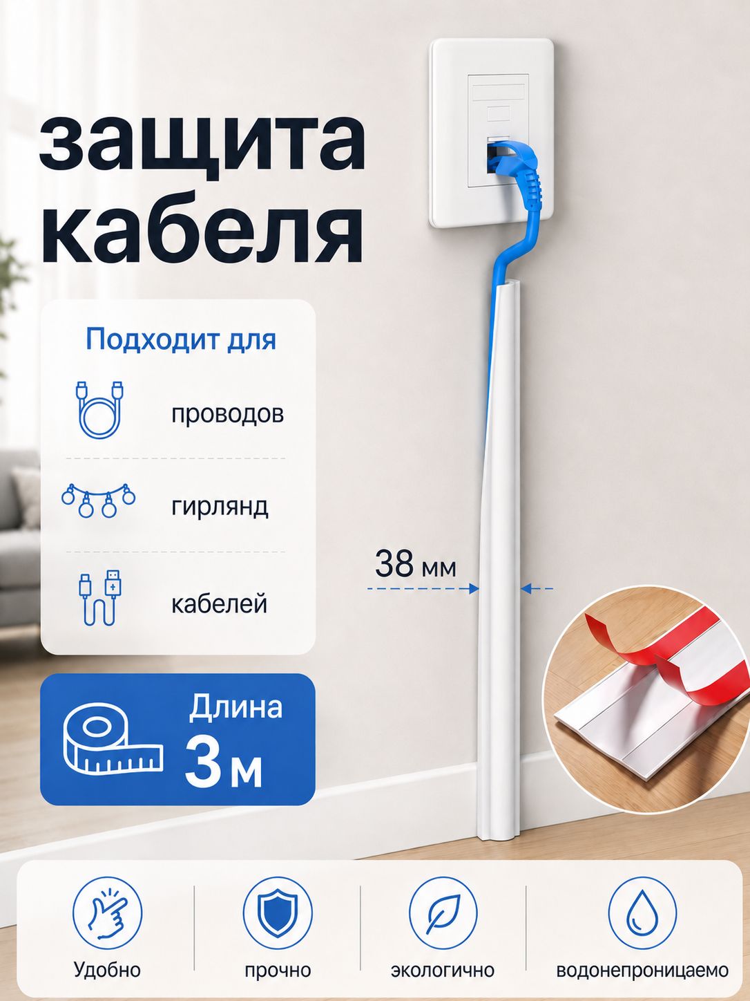 Органайзер для проводов, невидимый самоклеящийся кабель-канал, белый, 3 м, ширина 38 мм