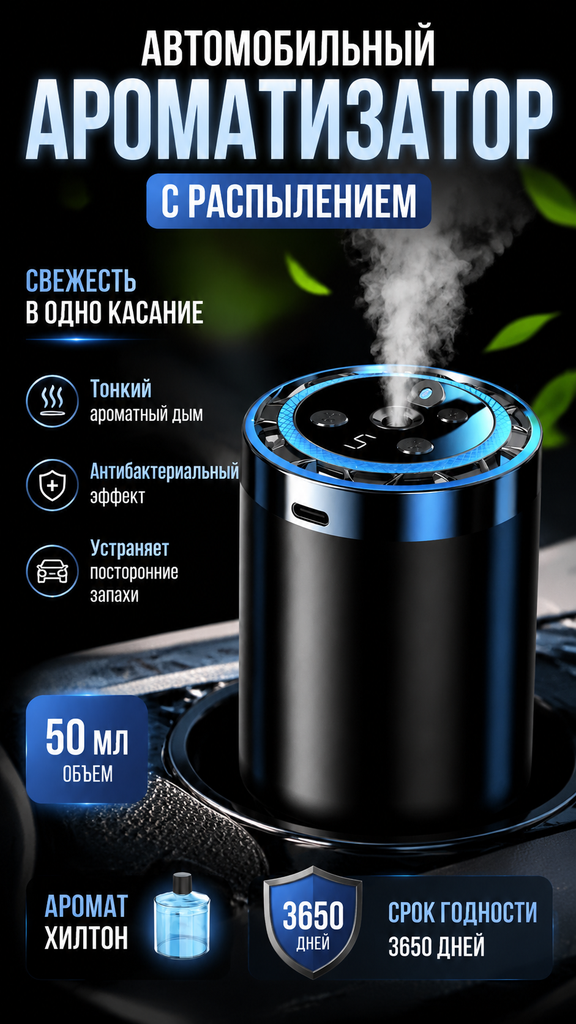 Автомобильный ароматизатор с распылением, 50 мл, чёрный