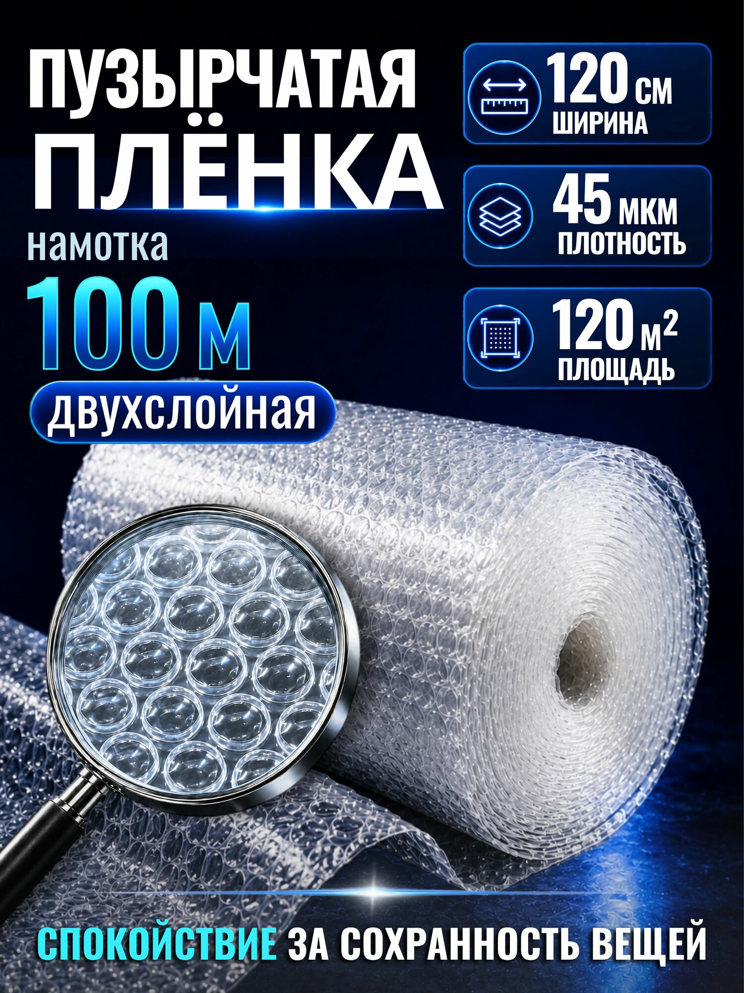 Воздушно-пузырчатая пленка 120 см x 100 м, двухслойная, для упаковки хрупких товаров