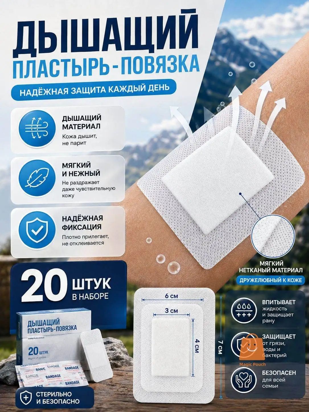 20 штук самоклеящихся аппликаторов с воздухопроницаемыми марлевыми подушечками, мягкими краями и простой заменой.