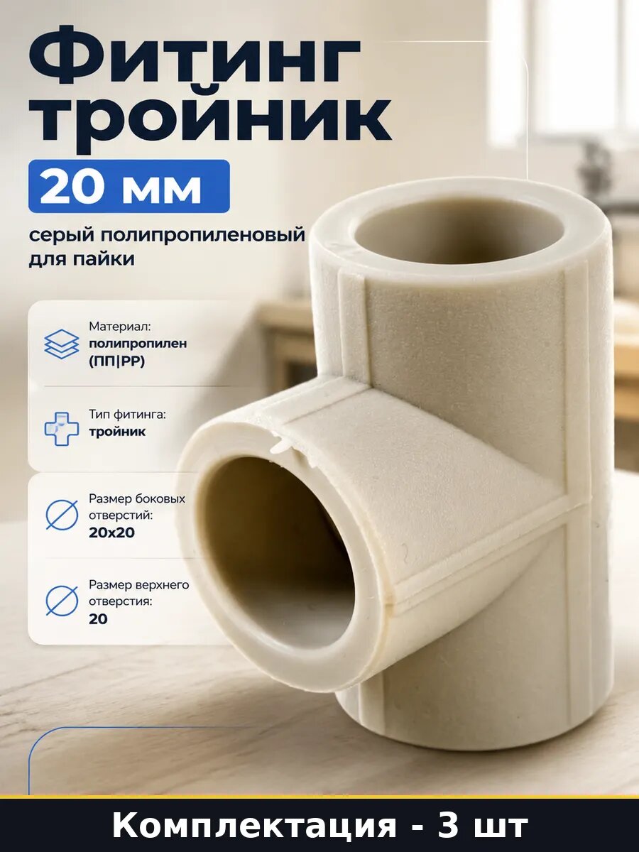 Полипропиленовый тройник 20х20х20 серый 3 шт для водопровода