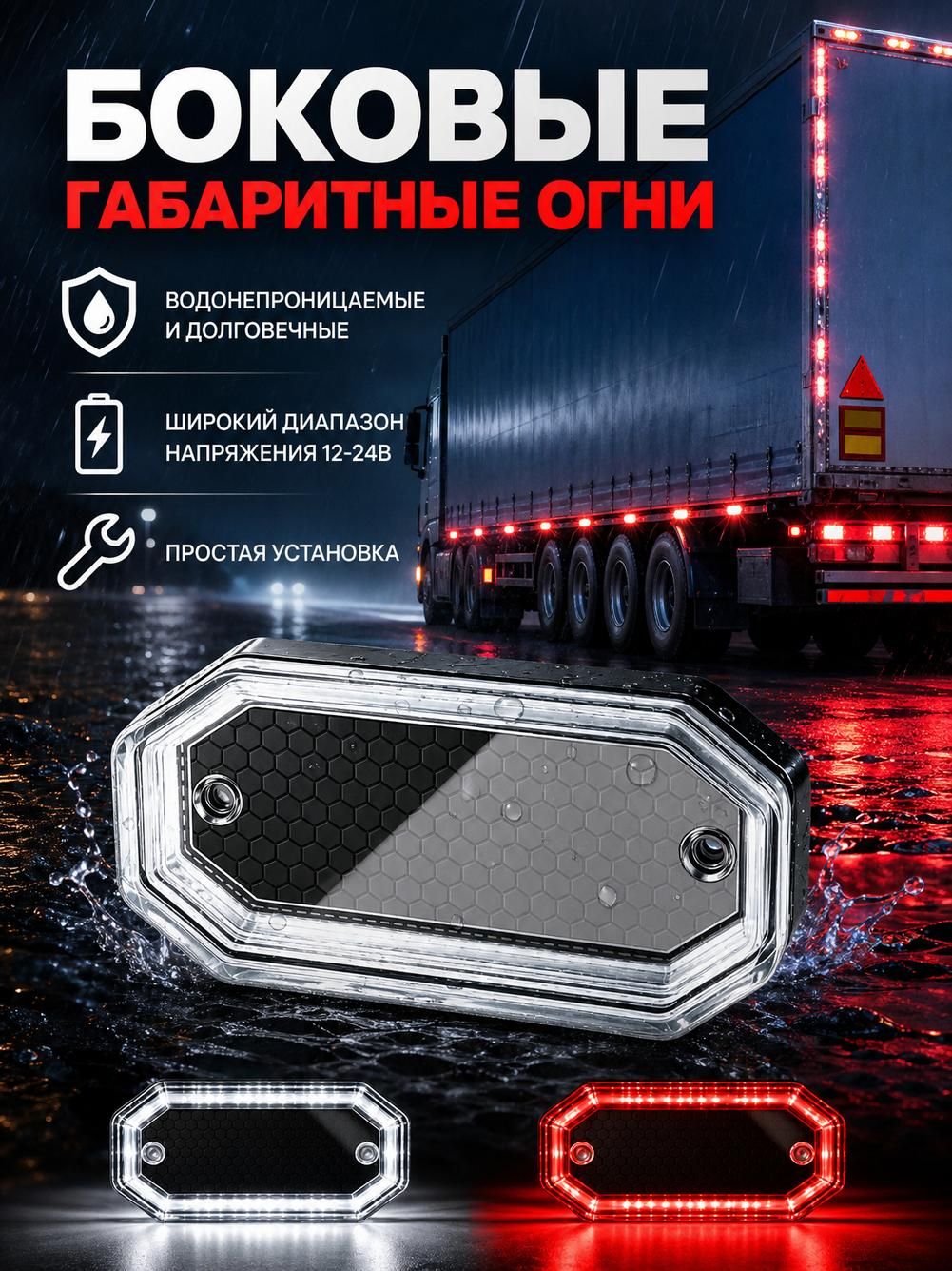 Проблесковый маяк светодиодный для прицепа, белый и синий, 12-24 В, 12х6х3 см