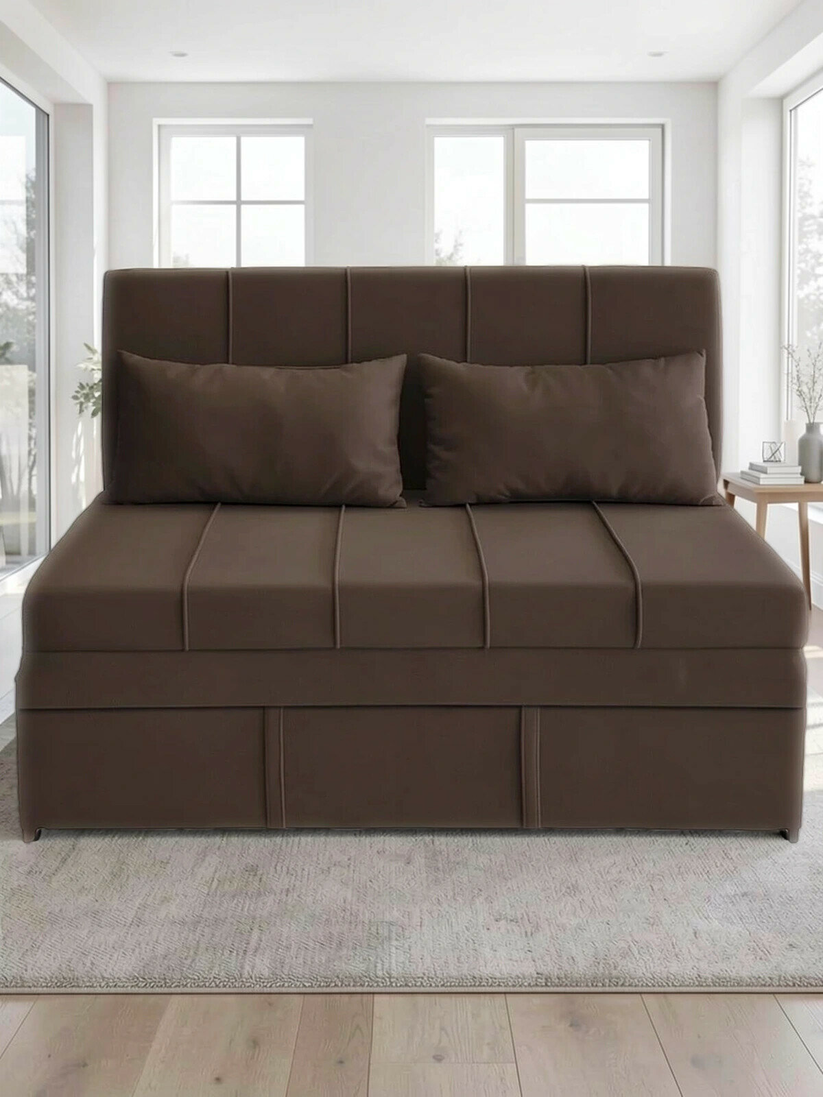 Диван-кровать StylChairs Сёма, ширина 140 см, без подлокотников, с подушками, велюр коричневый