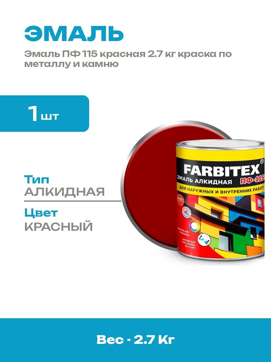 Краска алкидная красная 2.7 кг для наружных работ бетона