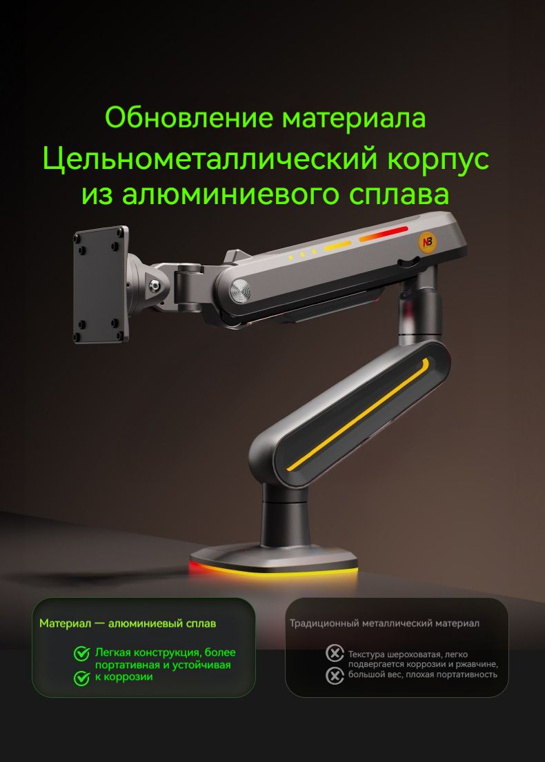 Кронштейн для монитора NB F6, 32-60 дюймов, 2-20 кг, газлифт, RGB-подсветка, глубокий черный