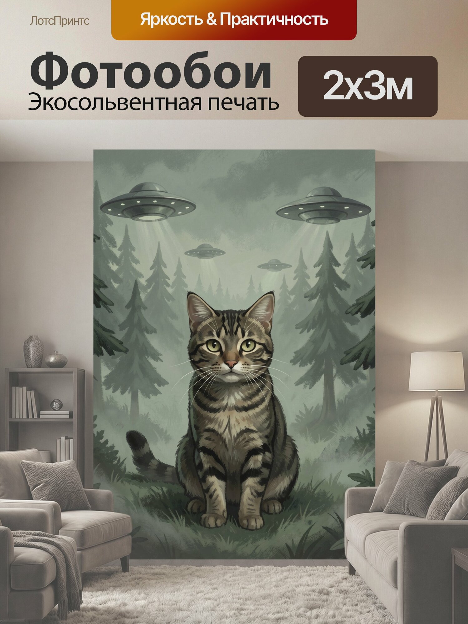 Фотообои "Кот в хвойном лесу и НЛО. Полосатый пушистик сидит среди елей, над ним парят серебристые летающие тарелки с лучами. Таинственная." 200x300 см. экосольвентная печать