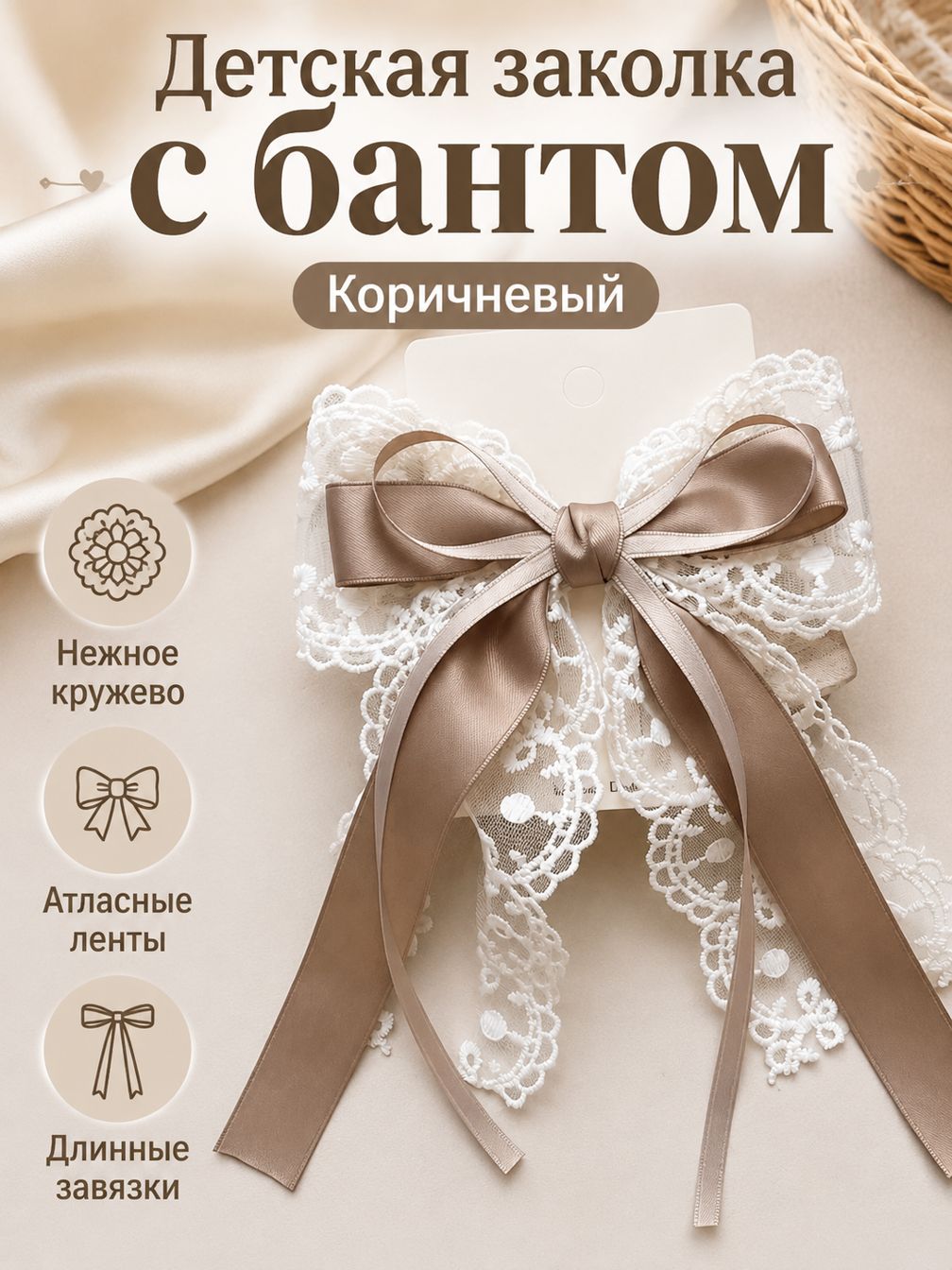 Бантик-заколка детский с длинными лентами из кружева и атласа, универсальный размер, коричневый