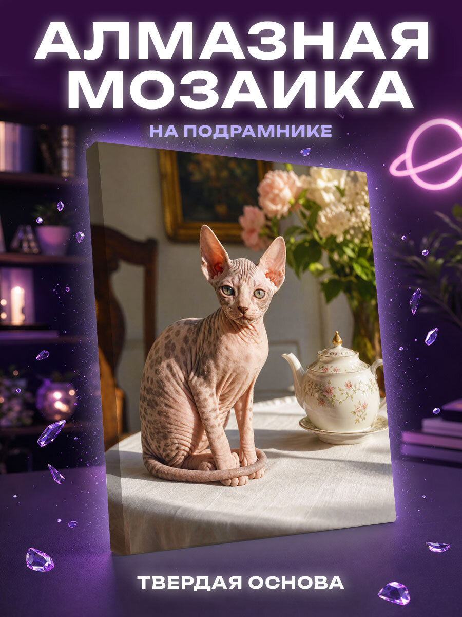 Алмазная мозаика Котенок сфинкса рядом с чайником