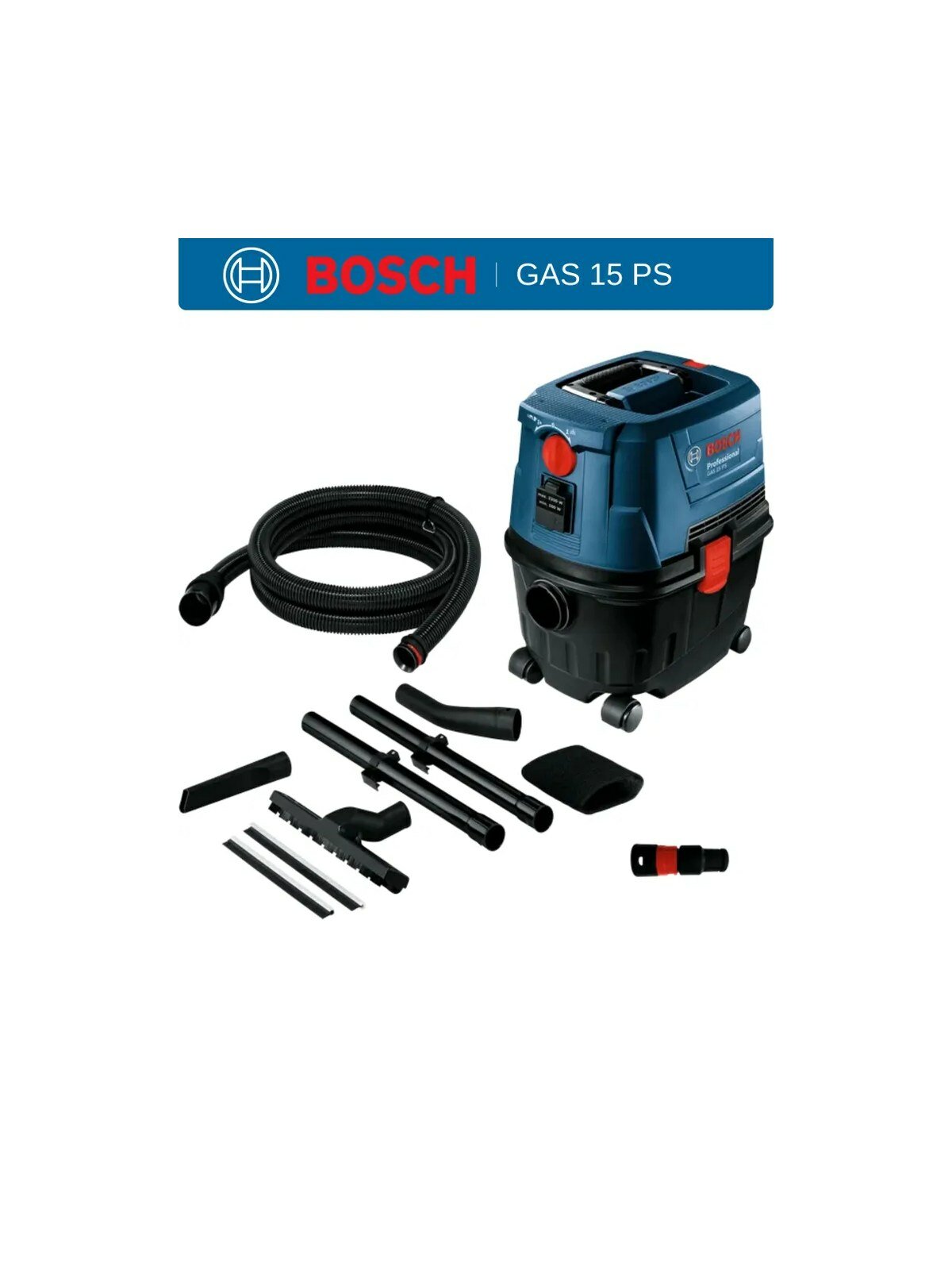 Пылесос промышленный Bosch GAS 15 PS Professional, мощность 1100 Вт, сухая и влажная уборка, полуавтоматическая очистка фильтра, арт. 06019E5100