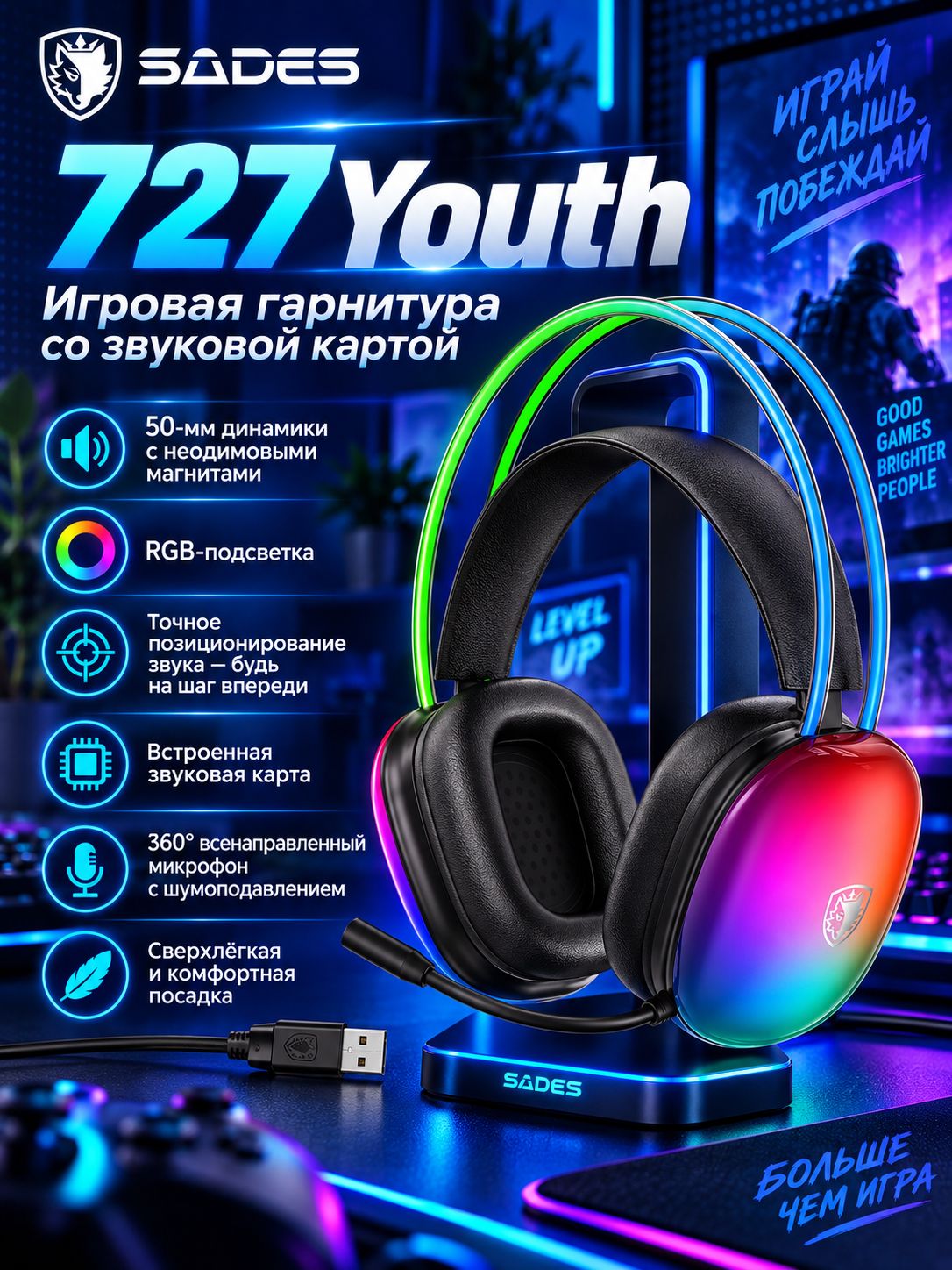 SADES Наушники игровые проводные с микрофоном для компьютера / Игровая гарнитура для пк Чёрный
