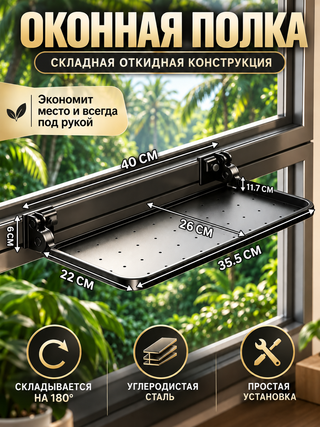 Оконная полка складная откидная, крепится на раму окна, экономит место, простая установка для цветов и мелочей