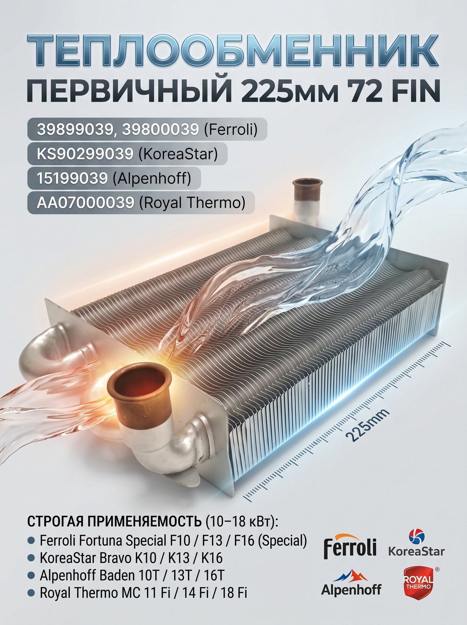 Теплообменник первичный 225мм 72 FIN для котлов Ferroli Fortuna Special / KoreaStar Bravo / Alpenhoff Baden / Royal Thermo