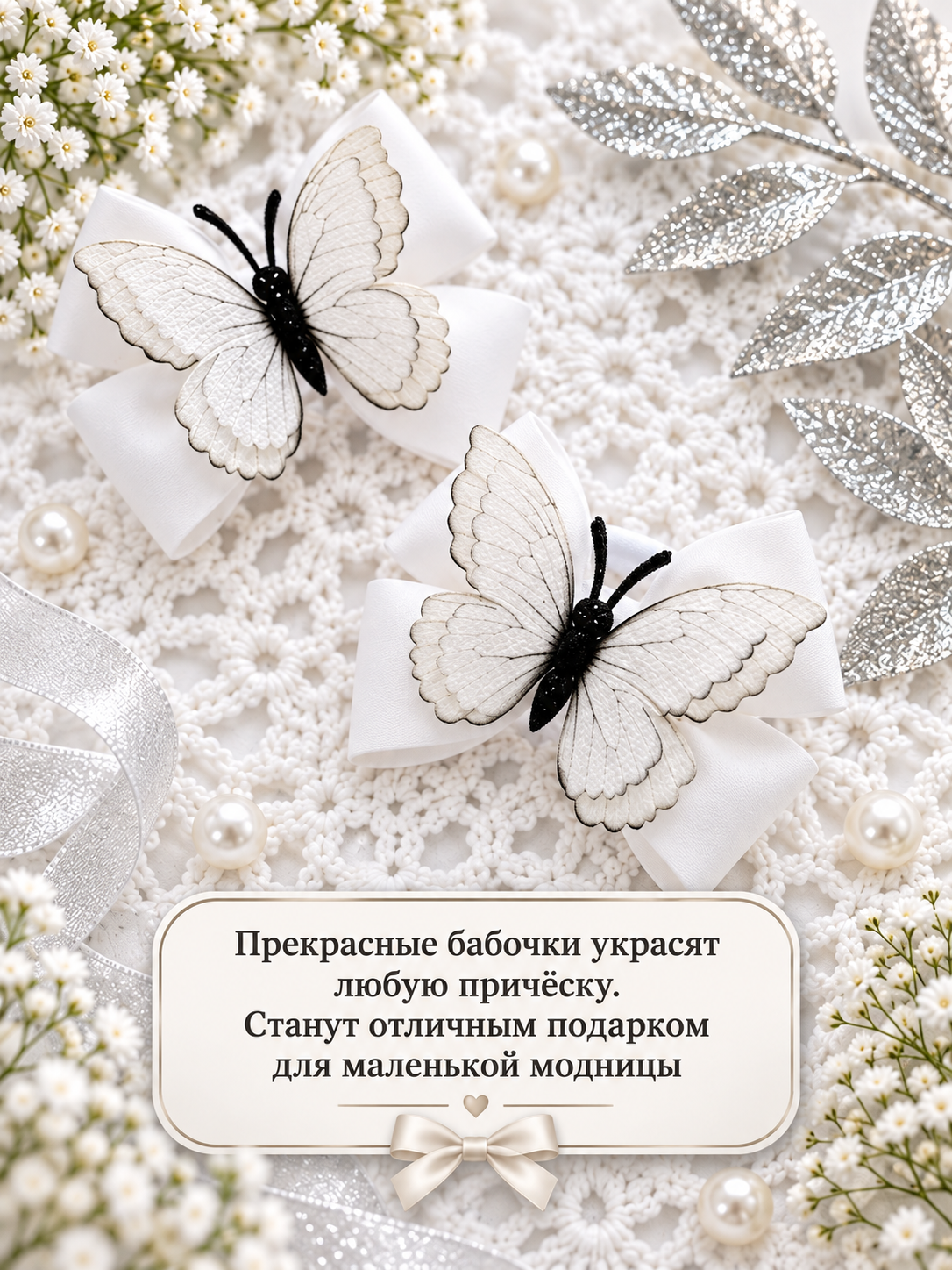 Резинки для волос с бантиками и бабочками для девочки Арт и Дизайн, белые, 3 см, 2 шт — фото 1