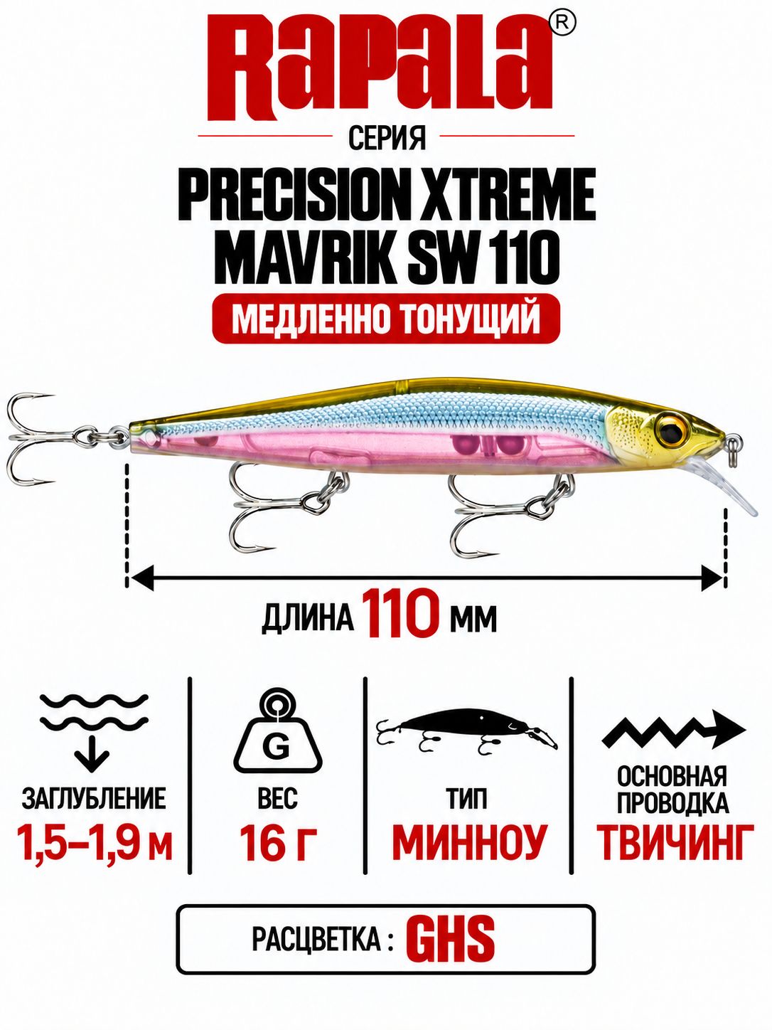 Воблер RAPALA Precision Xtreme Mavrik Sw 110 GHS медленно тонущий 1,5-1,9м, 11см, 16гр