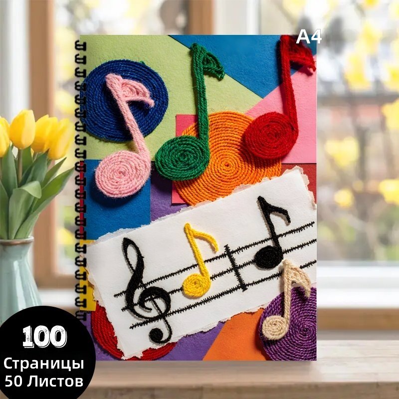 Тетрадь для нот А4, 50 листов (100 страниц), с клавиатурой фортепиано и скрипичным/басовым ключами, для записи музыки и занятий, 1 шт.