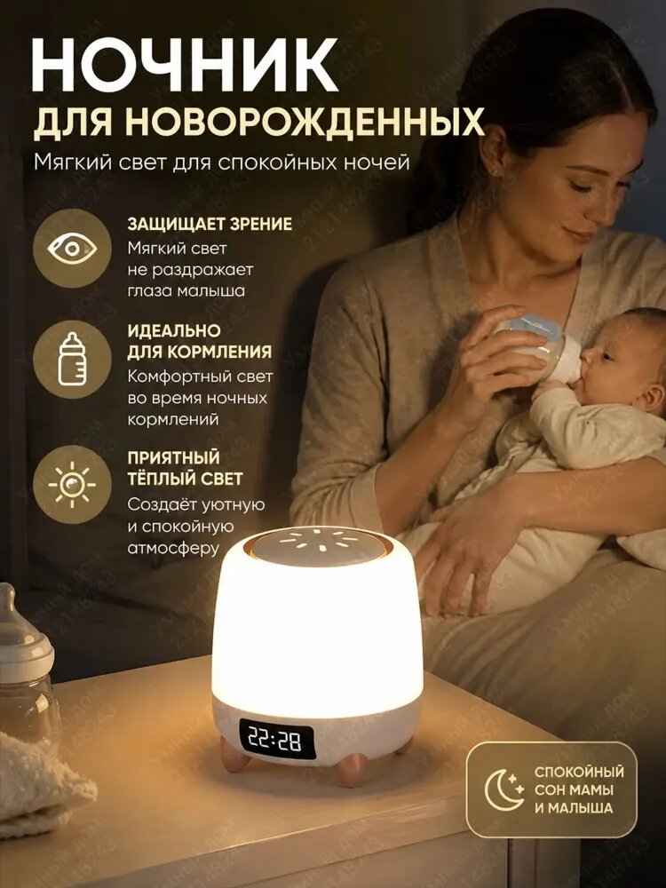 Эксклюзивный детский светильник для ночного кормления младенцев с цифровыми LEDчасами, встроенным аккумулятором на 2400 мАч, тремя режимами подсветки, сенсорной панелью и плавной регулировкой яркости