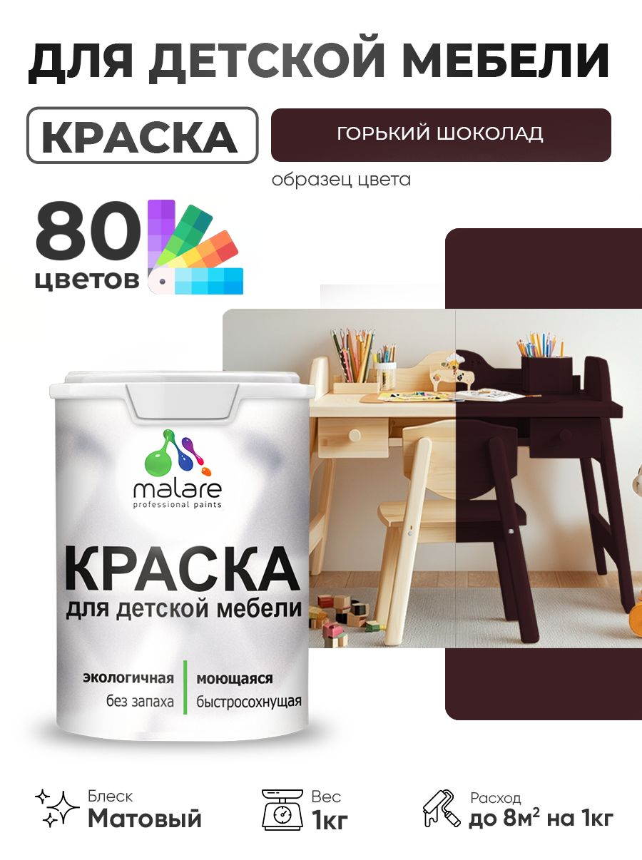 Акриловая краска Malare для детской мебели для кухонных фасадов, мебели из дерева, моющаяся, быстросохнущая без запаха матовая, горький шоколад, 1 кг