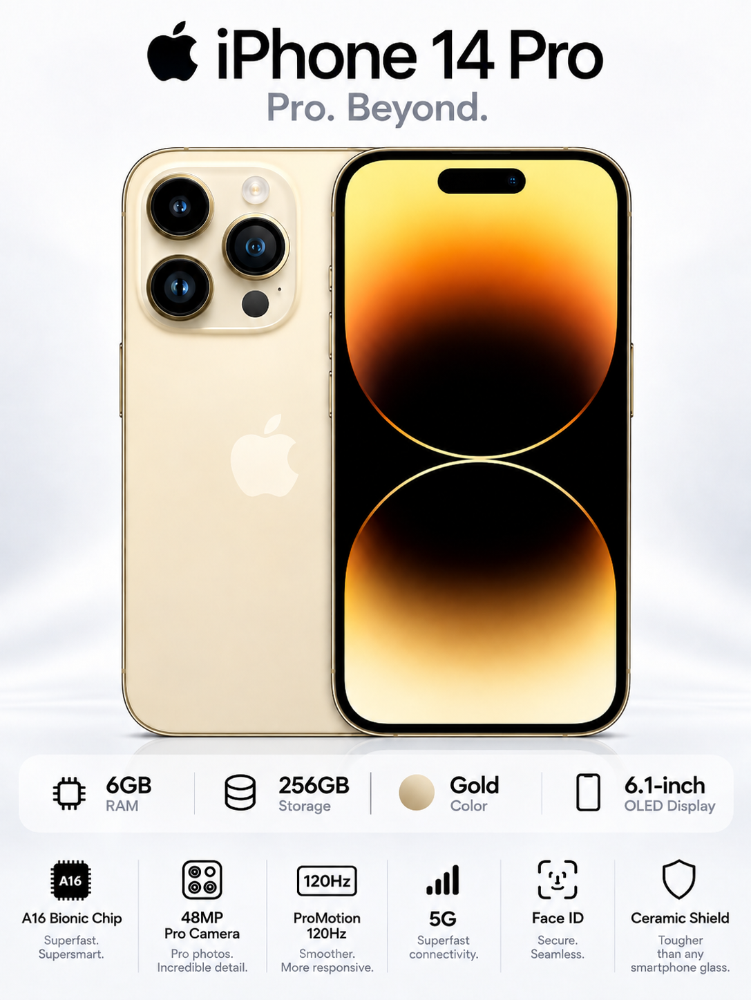 Смартфон Apple iPhone 14 Pro, 6/256 ГБ, золотистый, OLED 6,1 дюйма