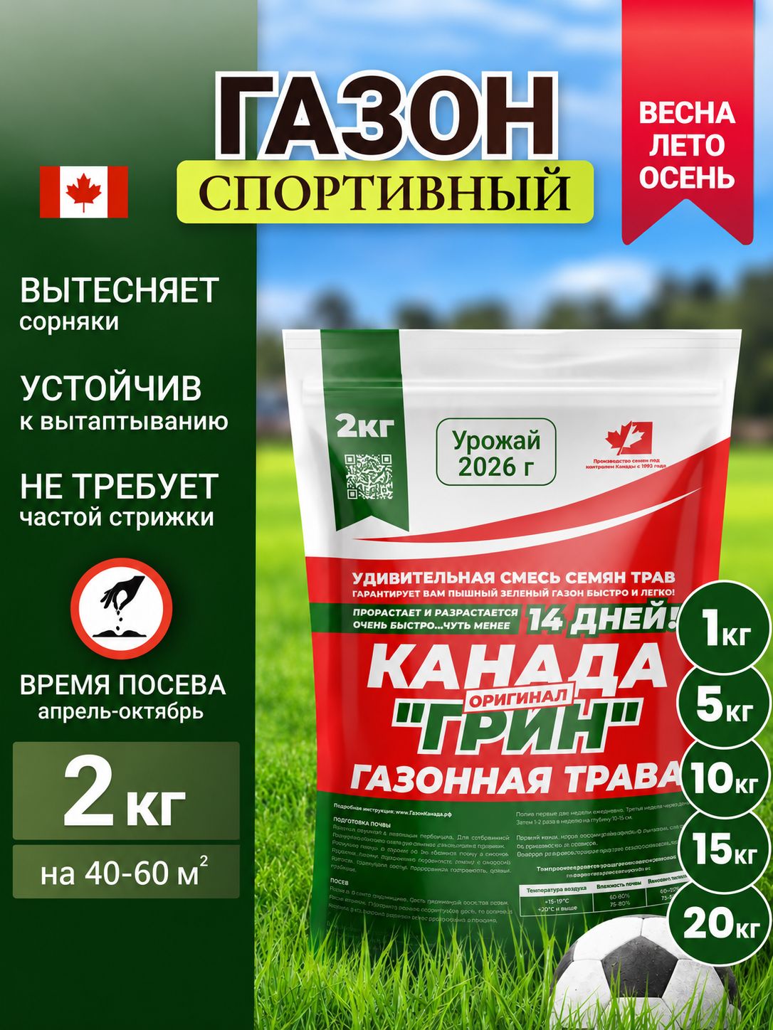 Семена газонной травы, травосмесь "Спортивный" газон 2 кг