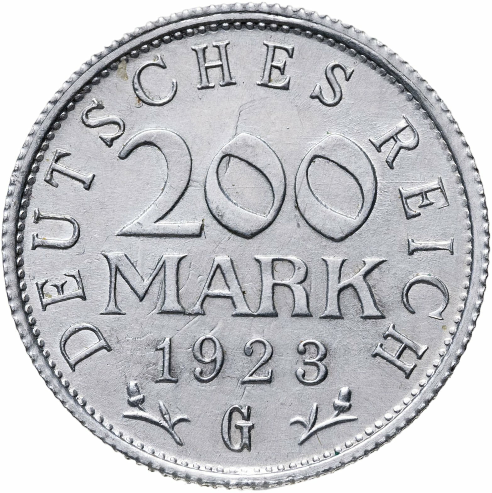 Германия 200 марок 1923, знак монетного двора "G" — Карлсруэ, Алюминий, в сохранности XF-AU