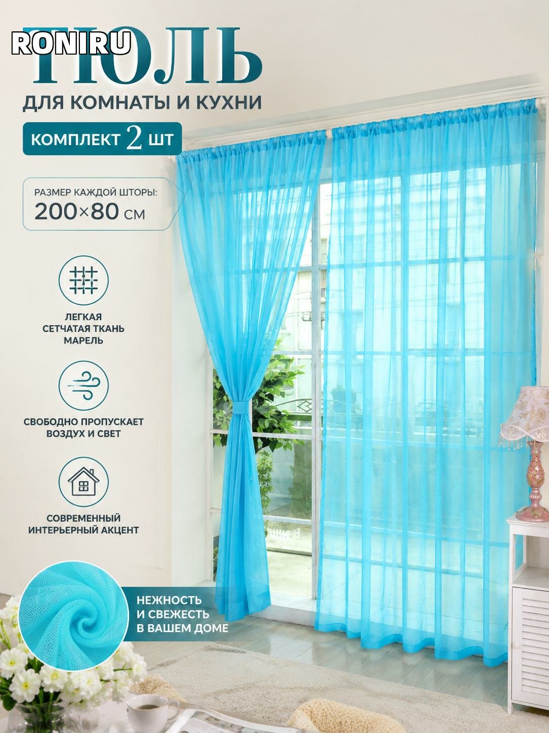 Тюль для комнаты и кухни 200х80 см — синий комплект 2 шт, сетчатые марельные шторы для современного интерьера