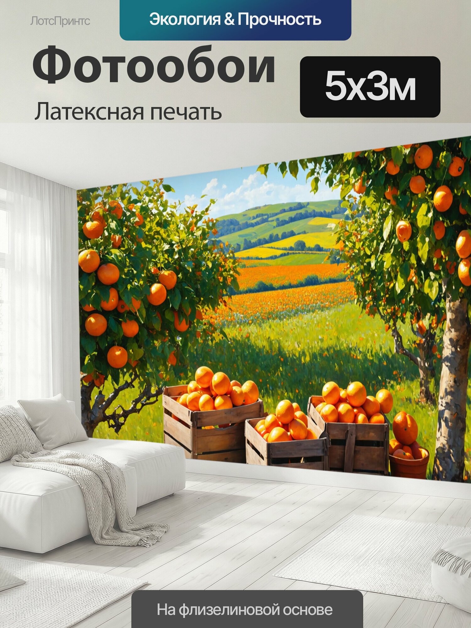 Фотообои моющиеся ударопрочные "Прованс, на которых изображены апельсиновые рощи с солнцем, пробивающимся сквозь листву. среди деревьев." 500x300 см. латексная печать