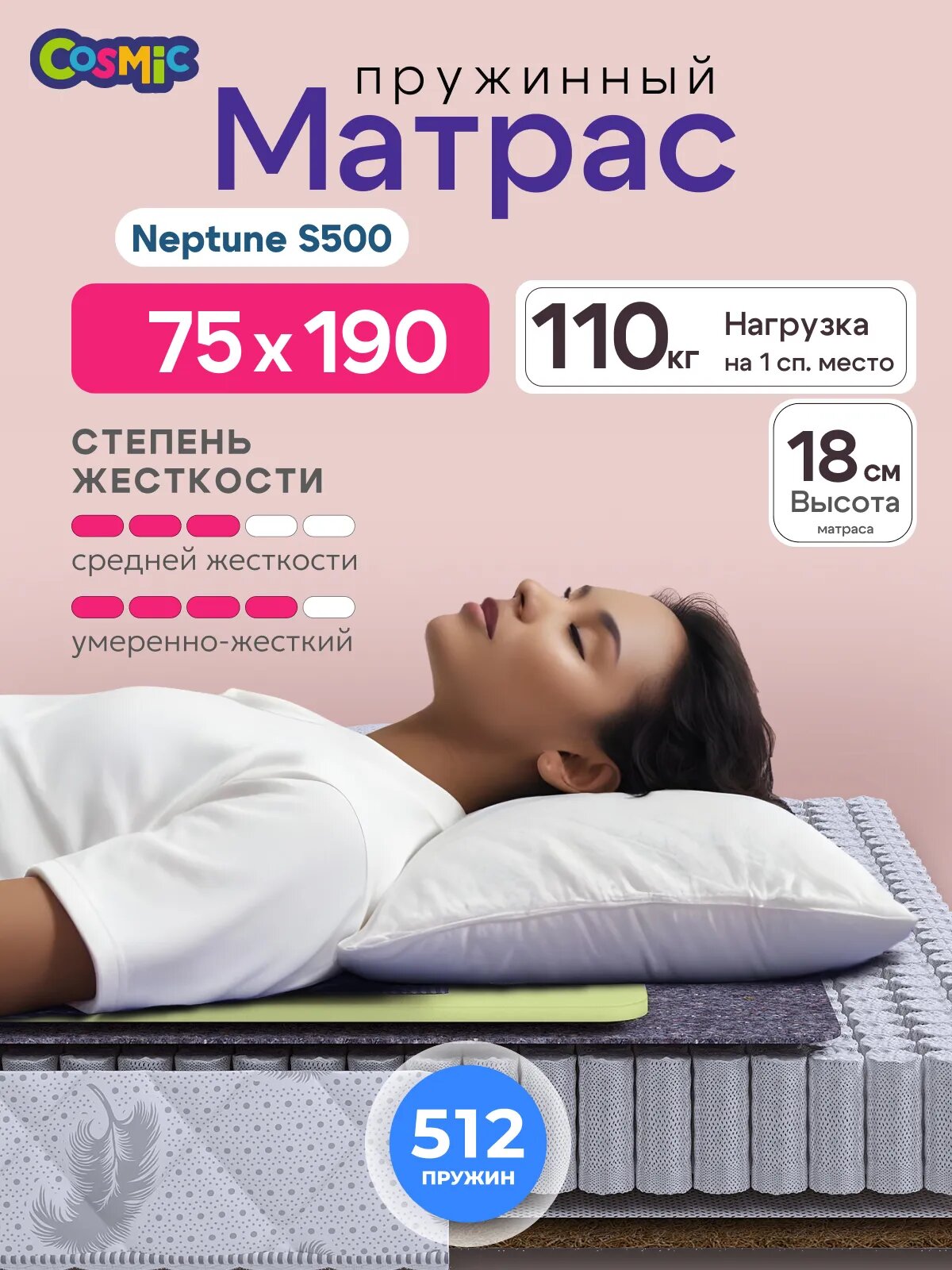 Матрас Cosmic Neptune 75x190 см, пружинный, 2 степени жёсткости, высота 19 см, анатомическая поддержка
