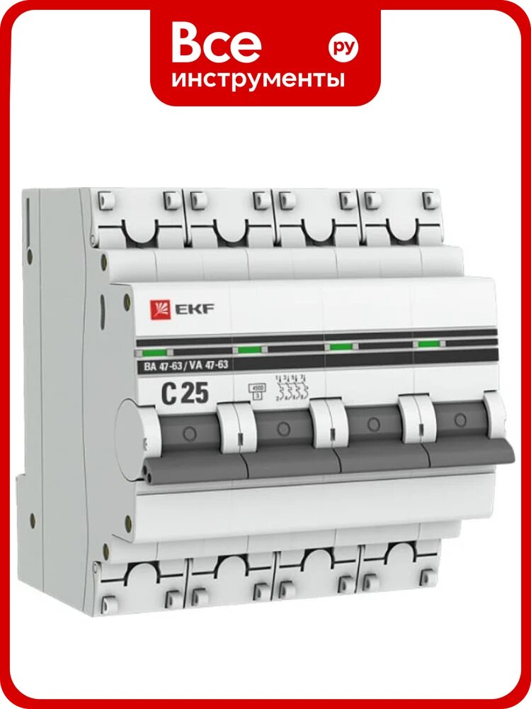 Автоматический выключатель EKF PROxima ВА 47-63, 4P, 25А, C, 4,5kA mcb4763-4-25C-pro