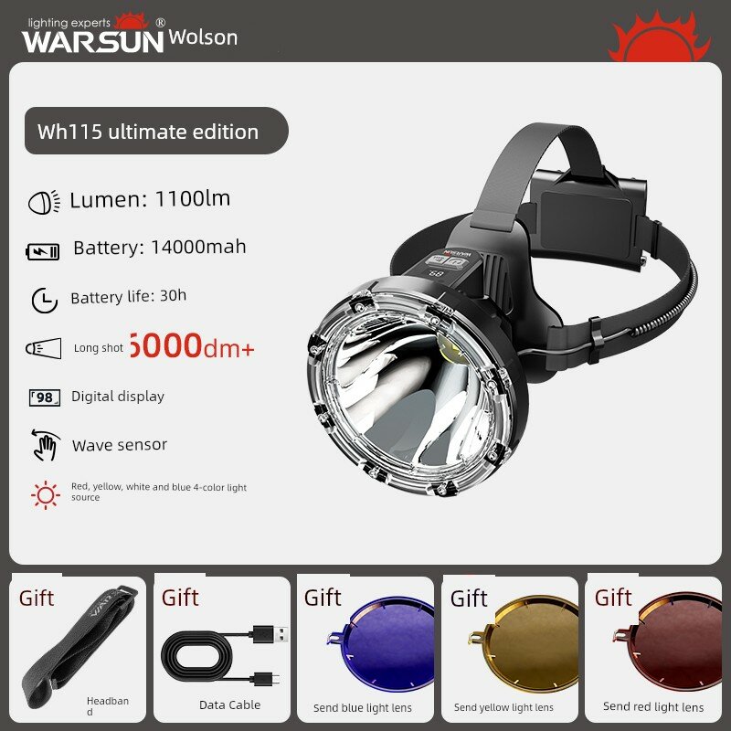 Налобный фонарь Wolsen WH130, перезаряжаемый, с мощным светом, ультраяркий, с датчиком, наружное освещение, шахтерская