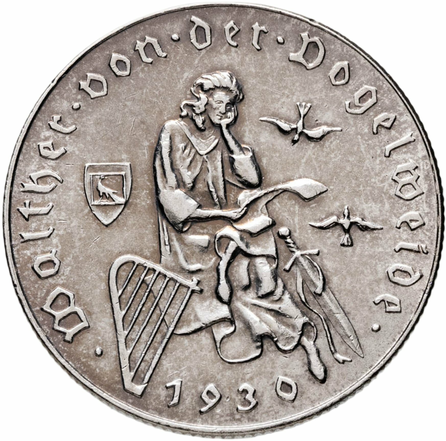 Австрия 2 шиллинга shillings 1930 700 лет со дня смерти Вальтера фон дер Фогельвейде, Серебро 640, в сохранности AU-UNC