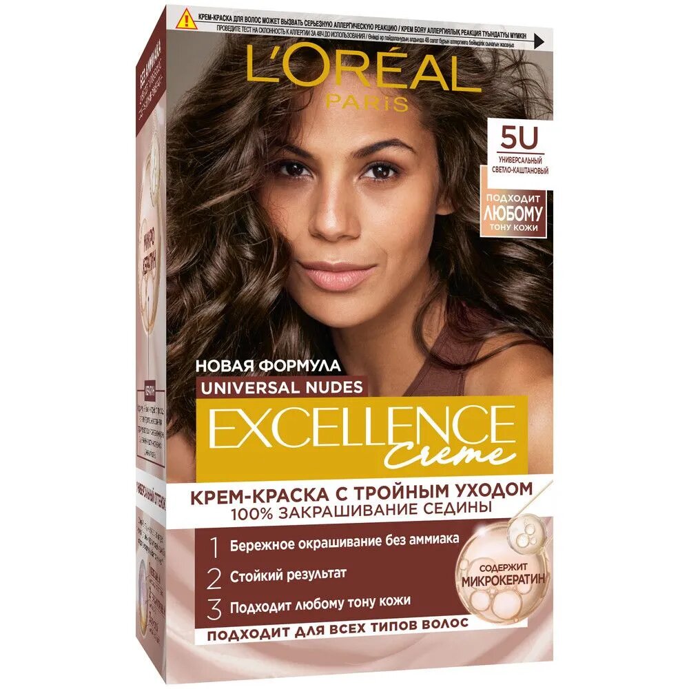 L'Oreal Paris крем-краска для волос без аммиака Excellence Cr? me Универсальные Нюдовые Оттенки, оттенок 5U, универсальны