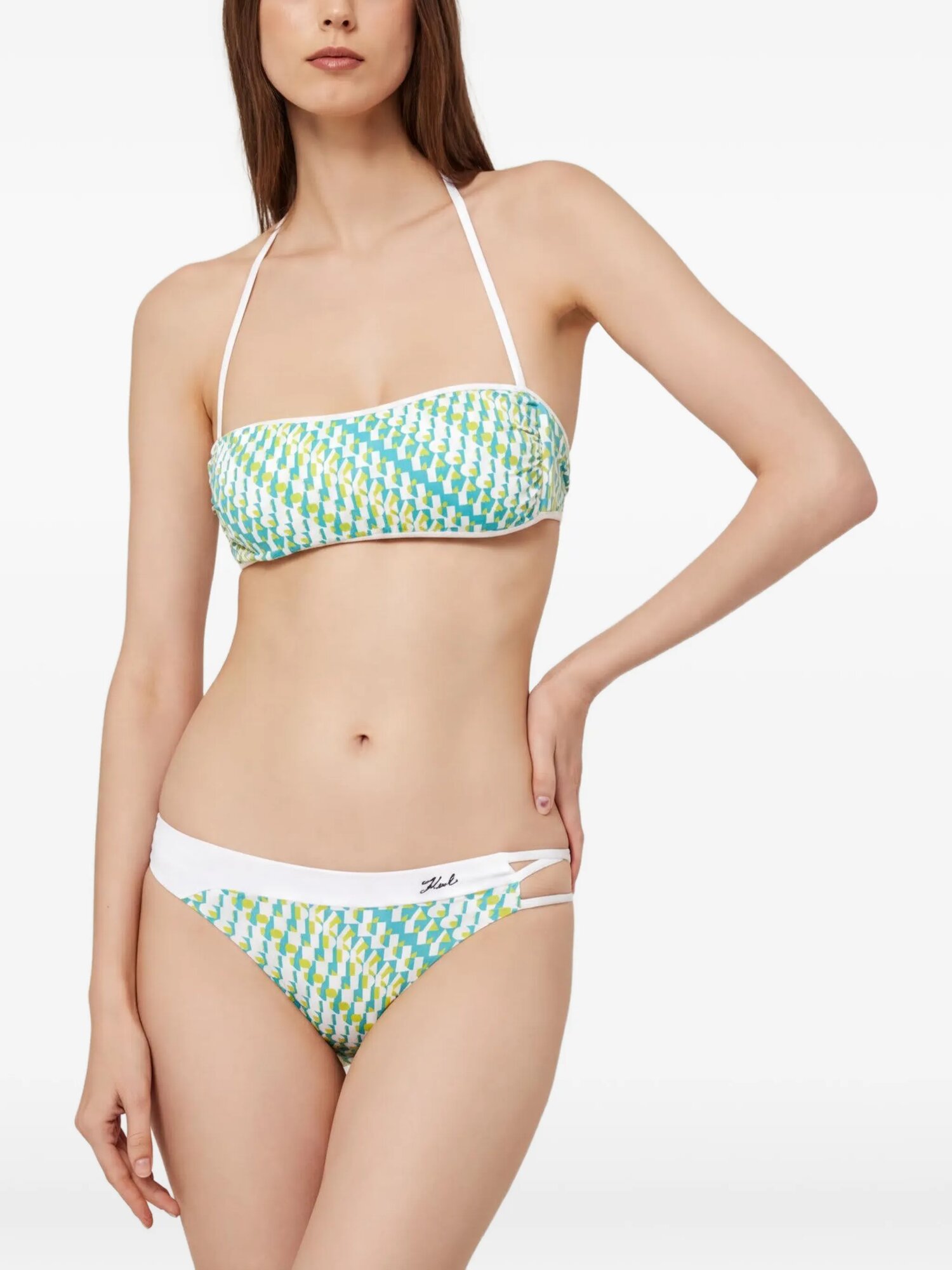 Купальник Karl Lagerfeld Monogram-print bikini top, размер 34, бежевый/белый — фото 1
