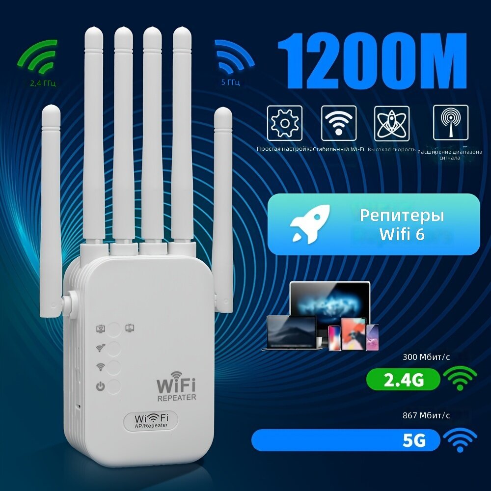 Усилитель Wi-Fi сигнала (репитер) с поддержкой Wi-Fi 6, двухдиапазонный 2.4/5 ГГц, 6 антенн, белый