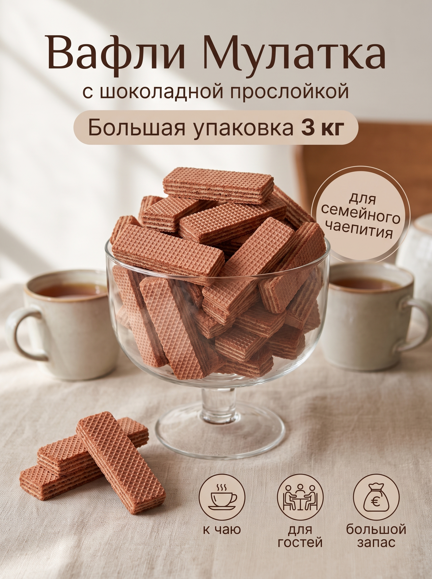 Вафли Восторг Мулатка Мир сладостей 3 кг, хрустящие вафли с какао и ароматом фундука для семьи, офиса и гостей